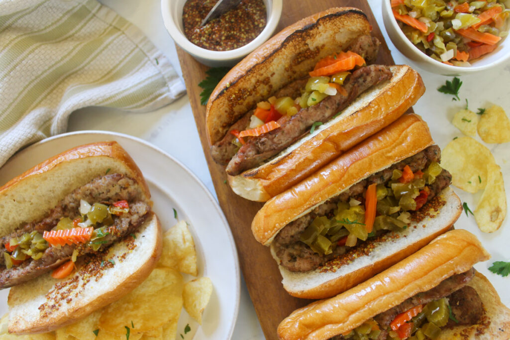 Grilled Split Italian Sausages with Giardiniera - Sungrown Kitchen